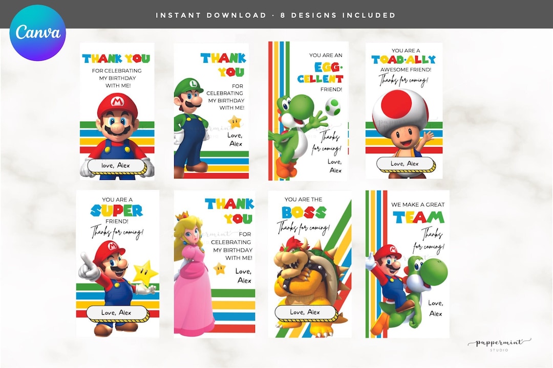 Super Mario Thank You Cards Mario Birthday Thanks For Coming Editable Canva Template Etsy