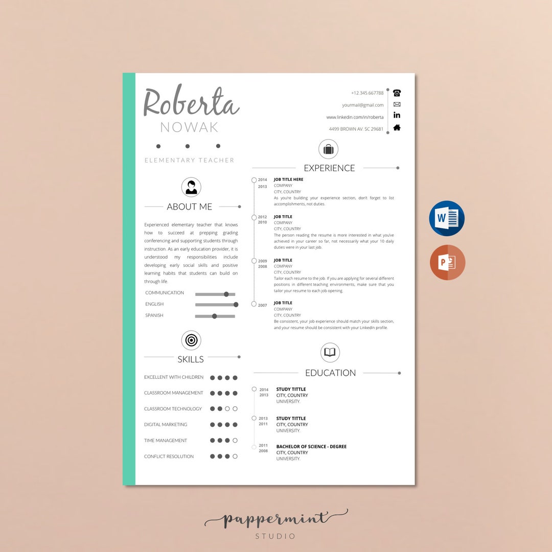 Teacher Resume Template: Modern CV Design for Word & Powerpoint - Etsy