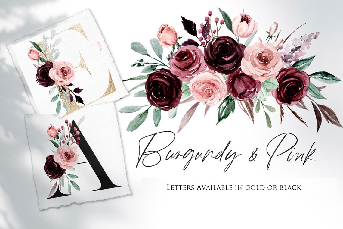 Burgundy Floral Personalized Frame Prints, Burgundy Pink and Gold ...