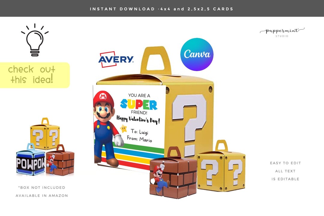 Avery Compatible MARIO Valentine Stickers for Kids L Super Mario TAGS ...