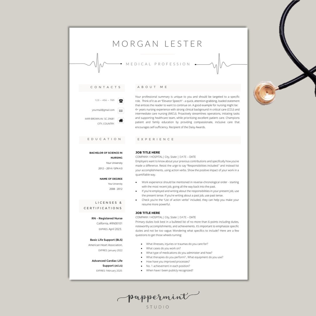 Medical Professional Printable Resume Template for WORD |new Nurse, RN ...