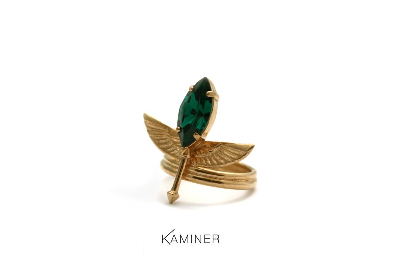 Gold Wings Ring Arrow Ring Green Stone Ring Swarovski Ring | Etsy