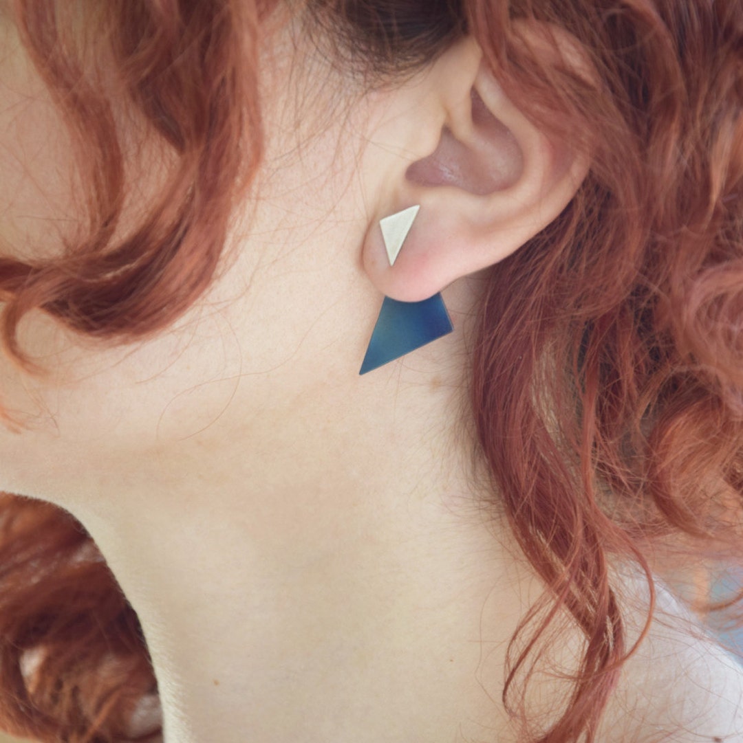 Triangle Ear Jacket Silver and Titanium Earrings, Minimal Blue Front Back Earrings - Etsy