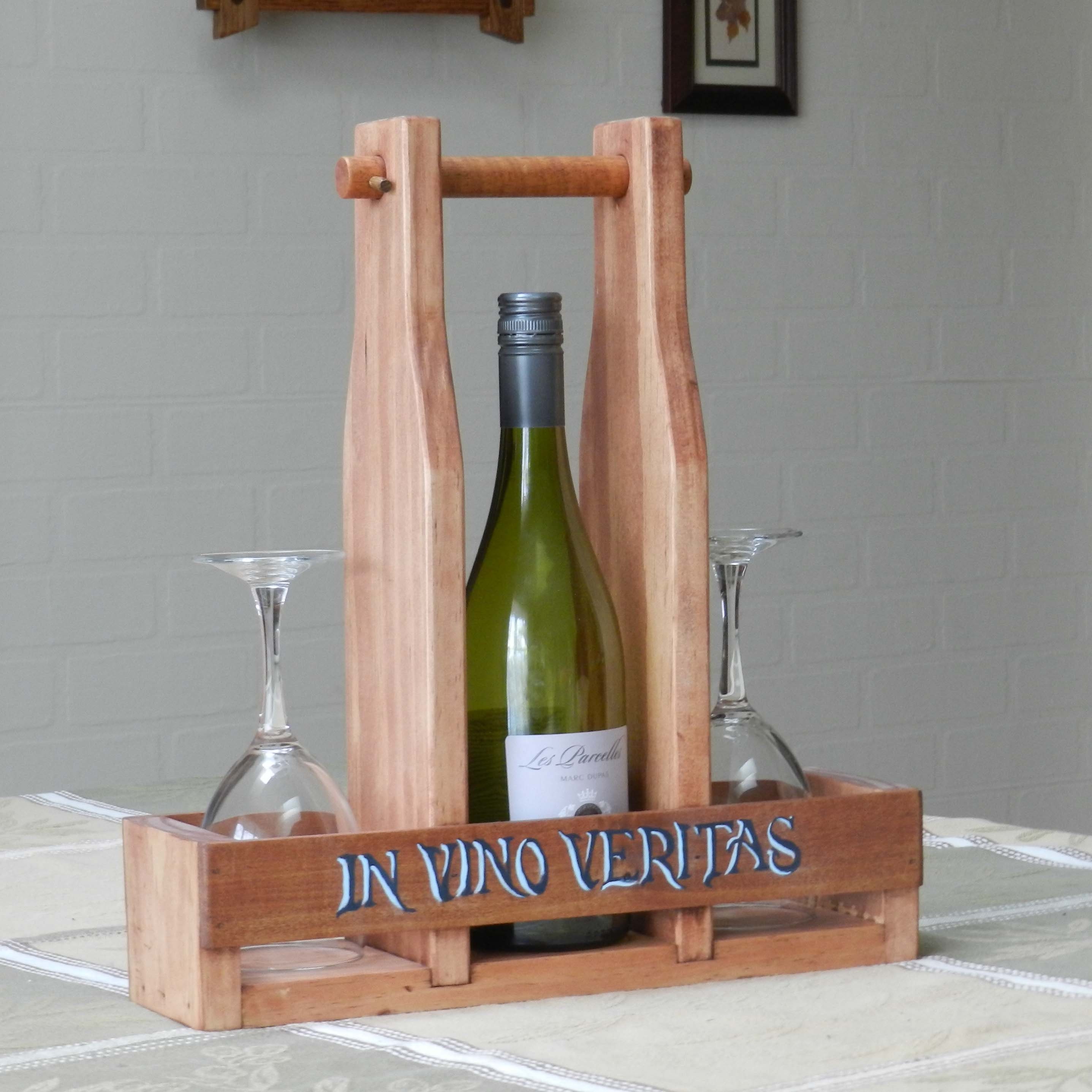 Handmade Pine Wine Caddy With Glasses, 