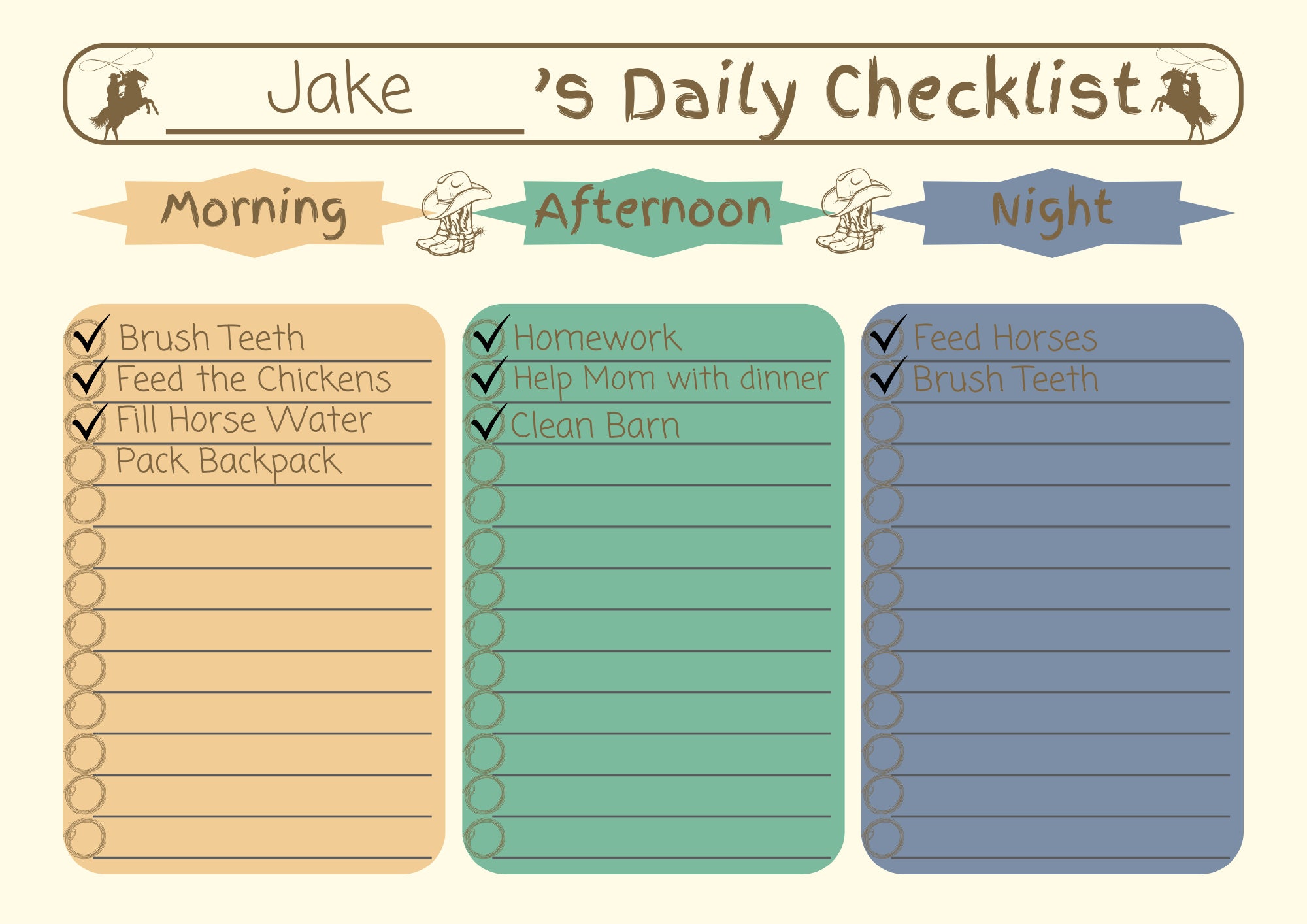 Chore Chart Daily Printable Checklist for Kids, Farm or Ranch Theme ...
