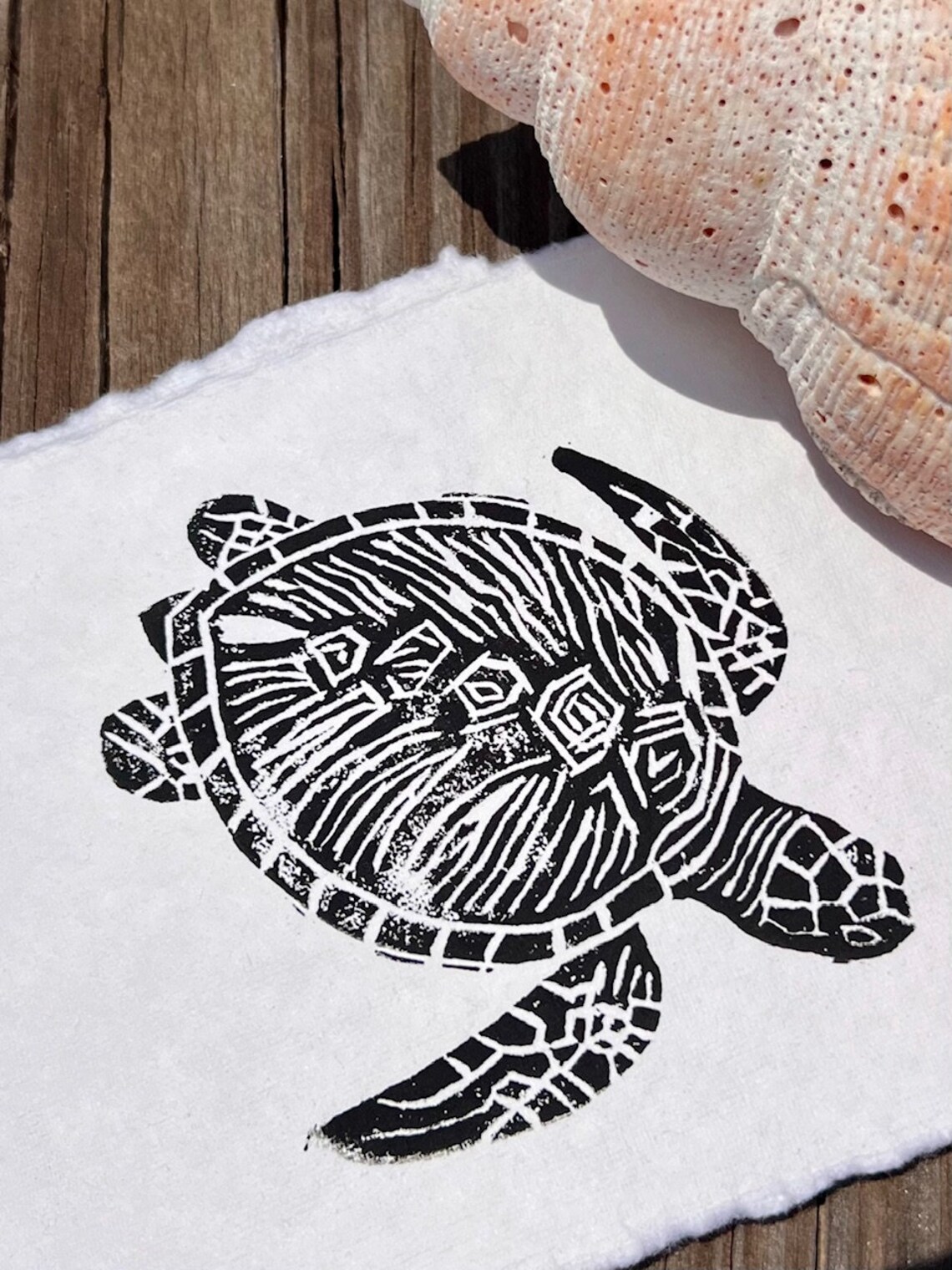 Sea Turtle - Hand-carved and Stamped Lino Print on 5"x7" Handmade ...