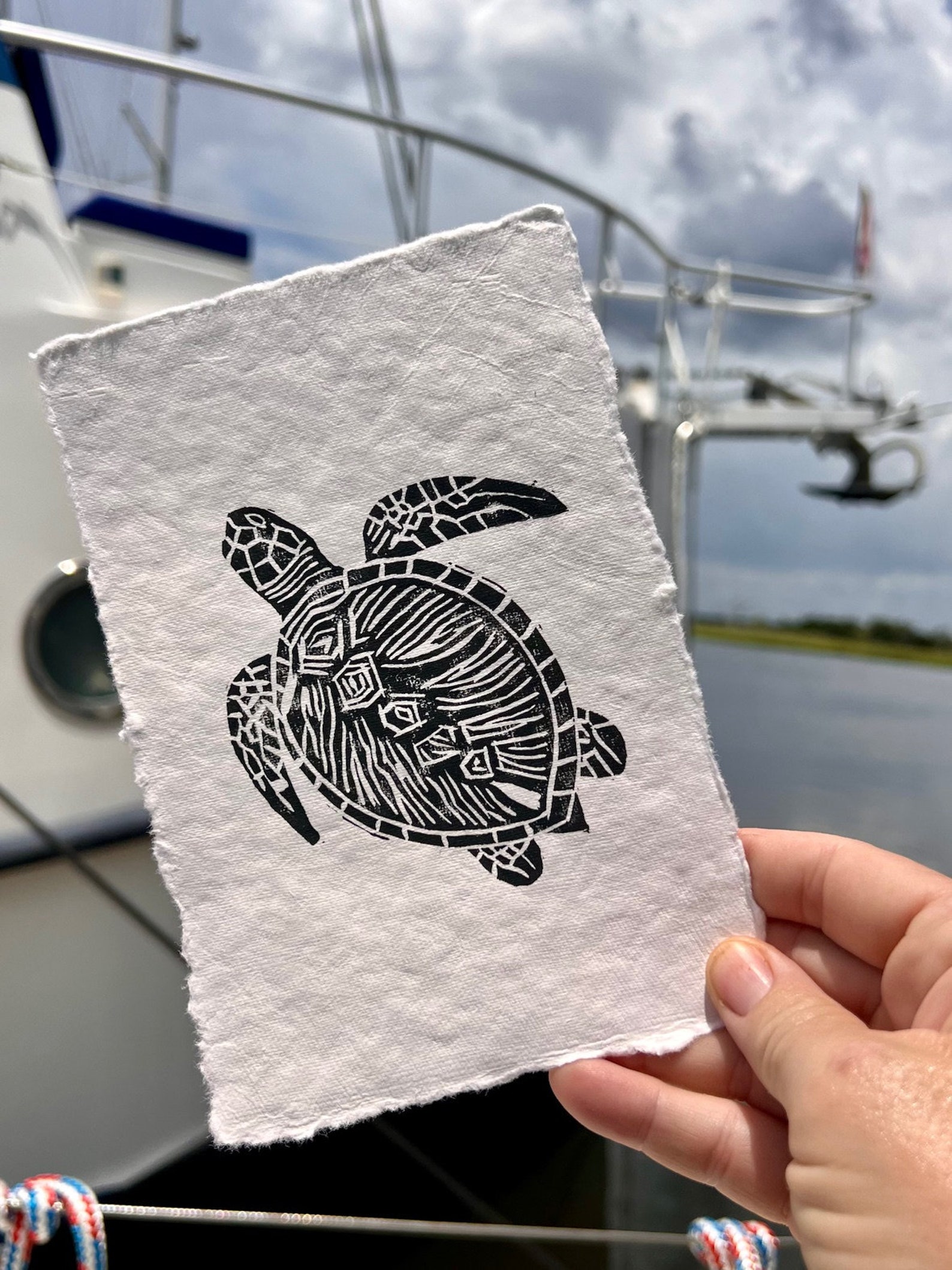 Sea Turtle - Hand-carved and Stamped Lino Print on 5"x7" Handmade ...
