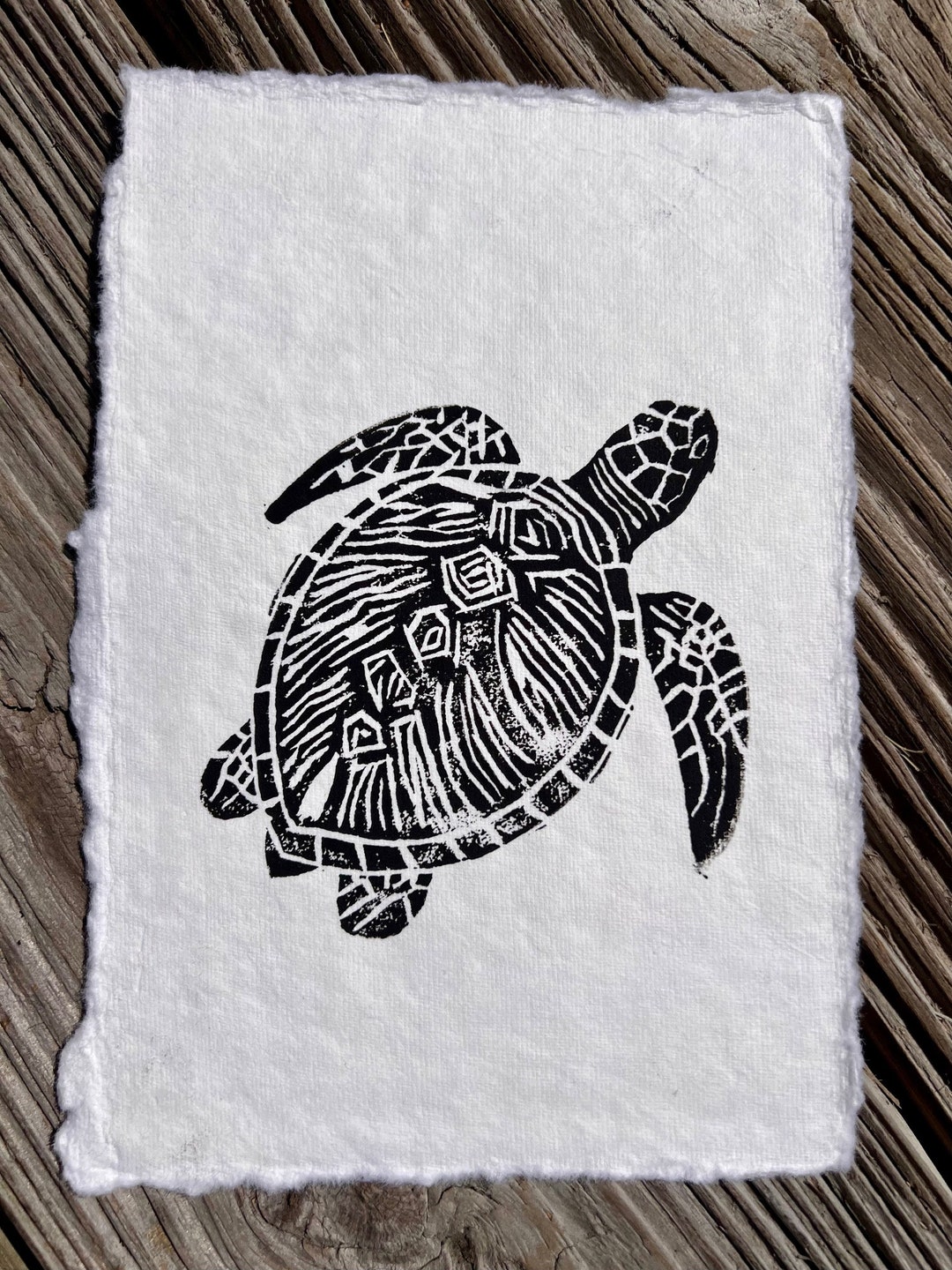 Sea Turtle - Hand-carved and Stamped Lino Print on 5"x7" Handmade ...