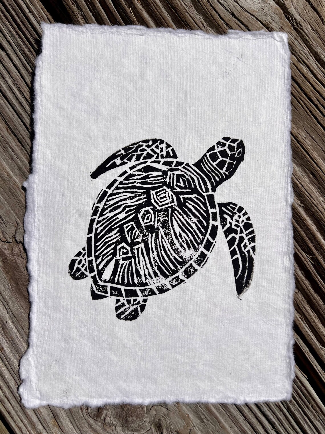 Sea Turtle - Hand-carved and Stamped Lino Print on 5"x7" Handmade ...