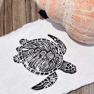 Sea Turtle - Hand-carved and Stamped Lino Print on 5"x7" Handmade ...