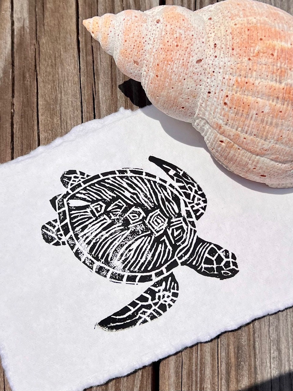 Sea Turtle - Hand-carved and Stamped Lino Print on 5"x7" Handmade ...