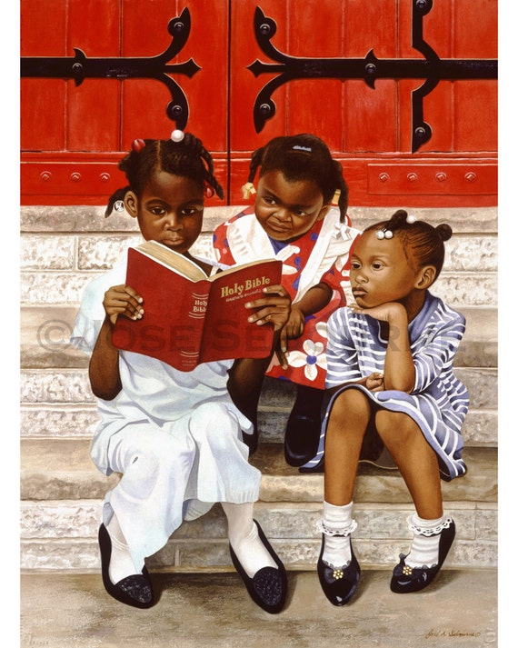 Scripture Reading Three Little Girls Reading the Bible on the | Etsy