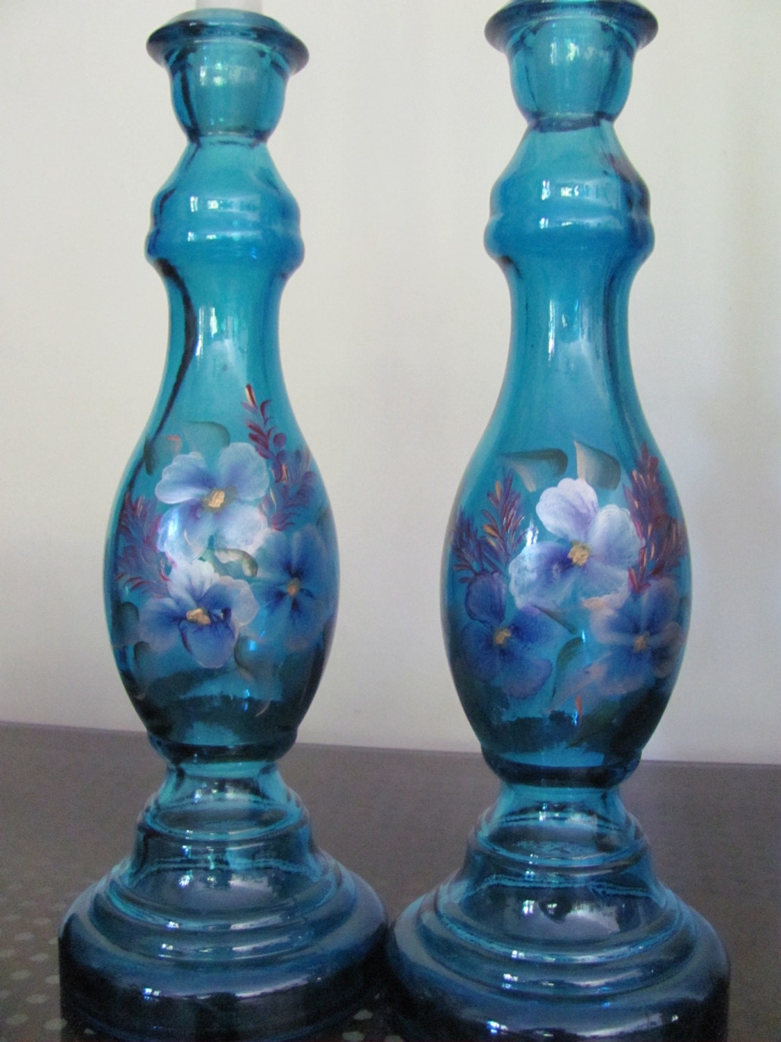 Blue Glass Hand Painted Candle Holders - Etsy