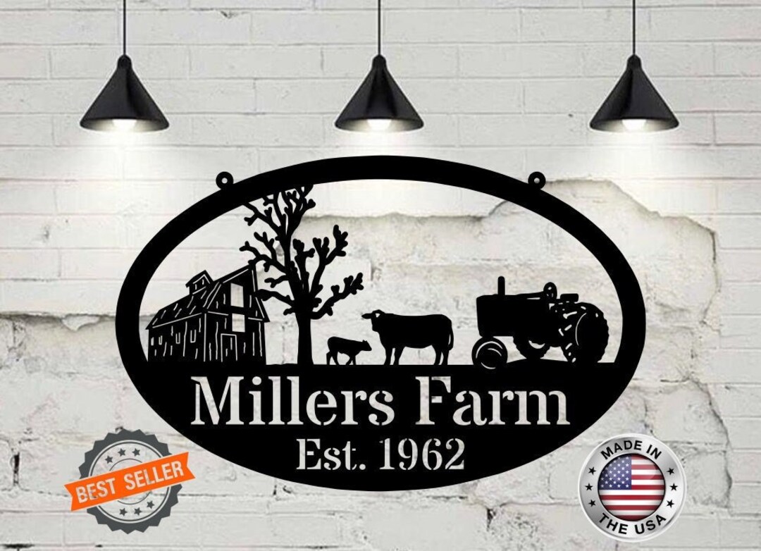 Metal FARM SIGN , Barn, Tractor, and Cows - Personalized Family Name ...