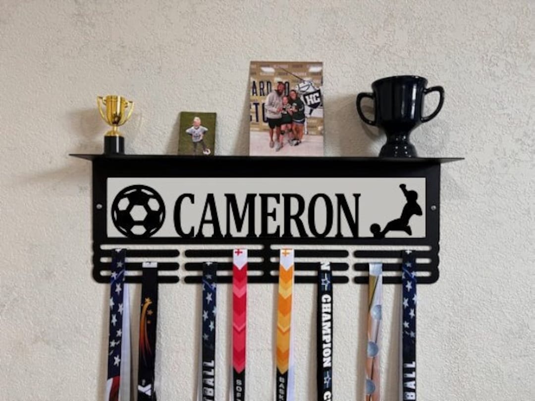 Soccer Boy Custom Name Trophy Shelf and Medal Hanger - Medal Holder ...