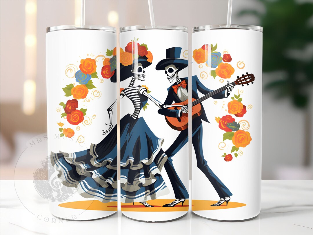 Dia De Los Muertos Music Couple Tumbler Wrap Sublimation, 20 Oz Skinny ...