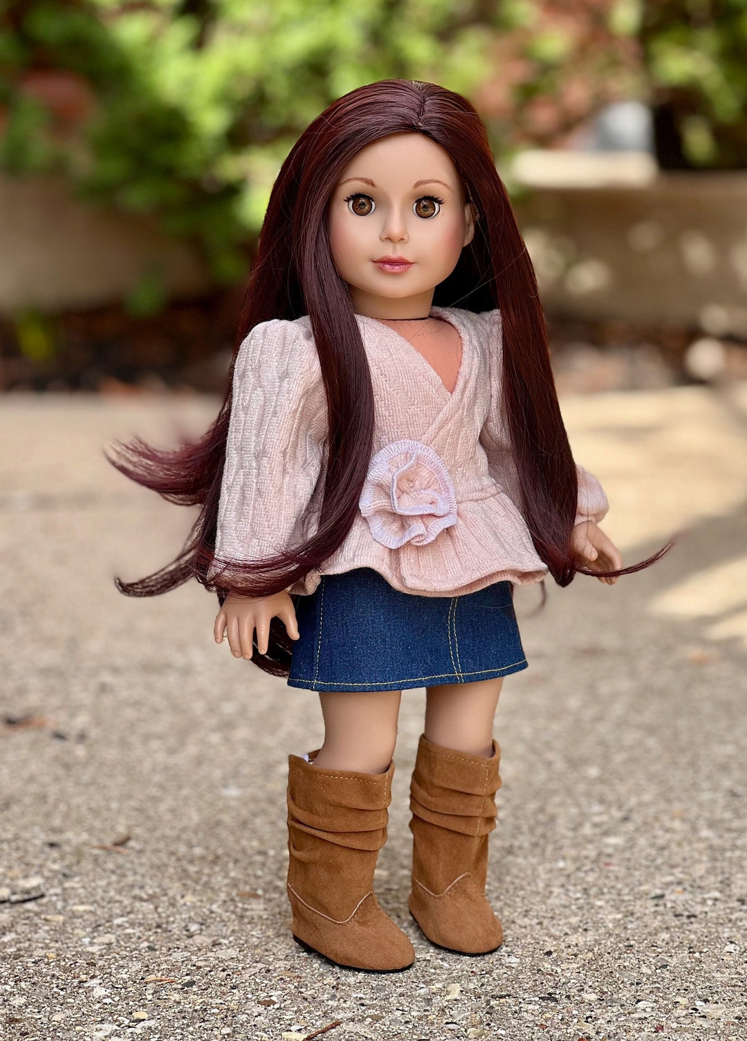 Passion For Fashion Clothes Fits 18 Inch Doll Pink Sweater Blouse With Jeans Skirt And Boots