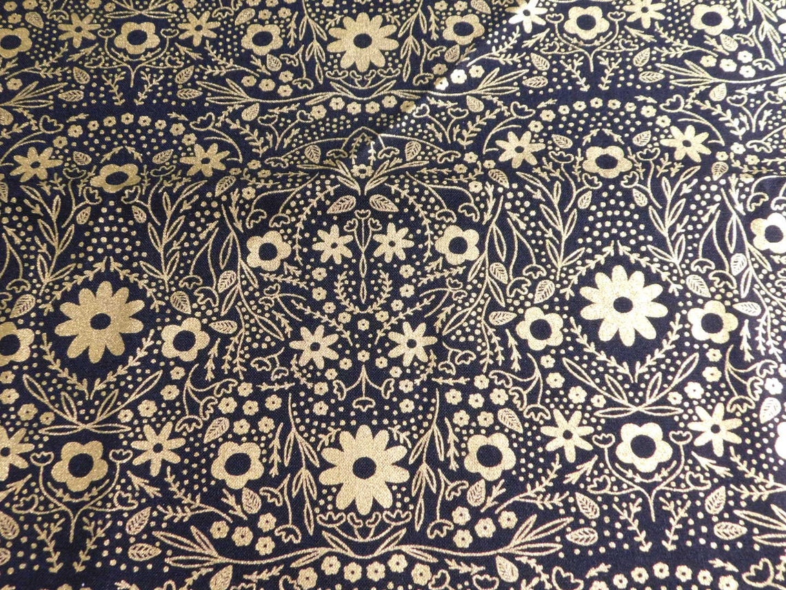 Moda Dwell in Possiblities Gold Metallic Floral on Black - Etsy