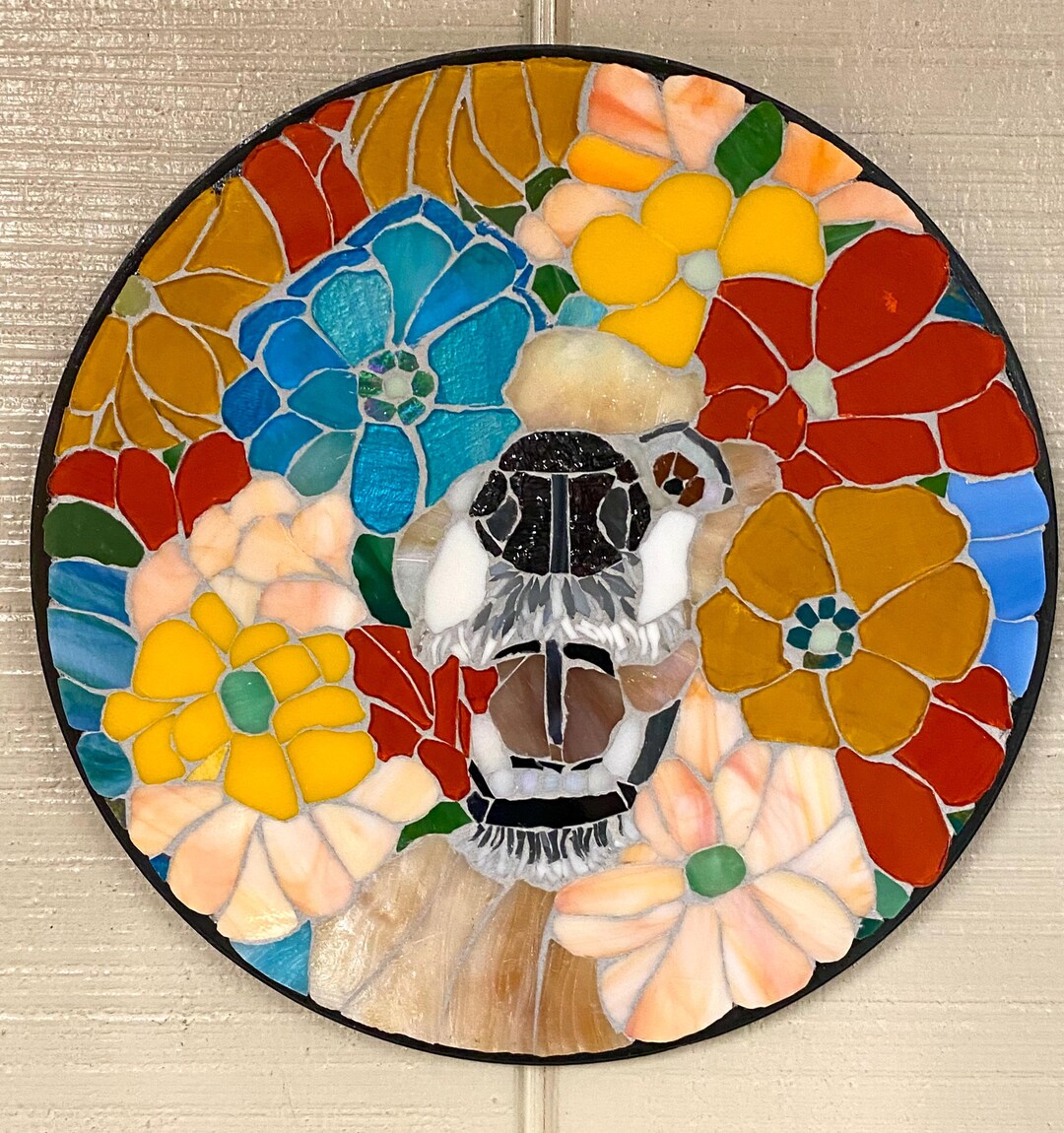 Playful Pup in Flowers 12” Mosaic Wall Art // Handmade // Glass Art - Etsy