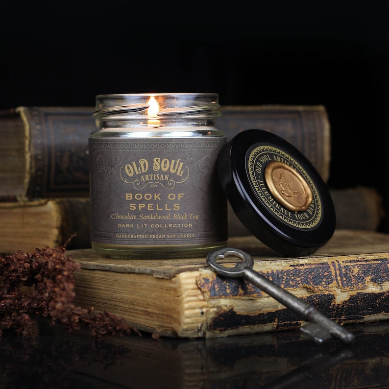 Book of Spells Soy Candle | Chocolate Sandalwood Black Tea Scented ...