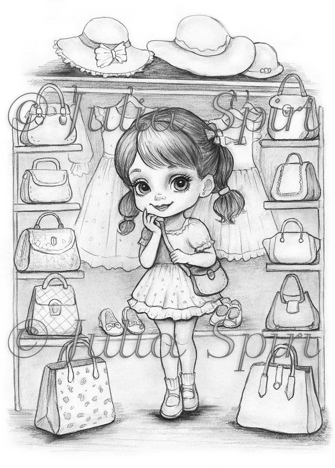 Grayscale Coloring Page, Little Girl and Her Closet. Coquette's Dilemma ...