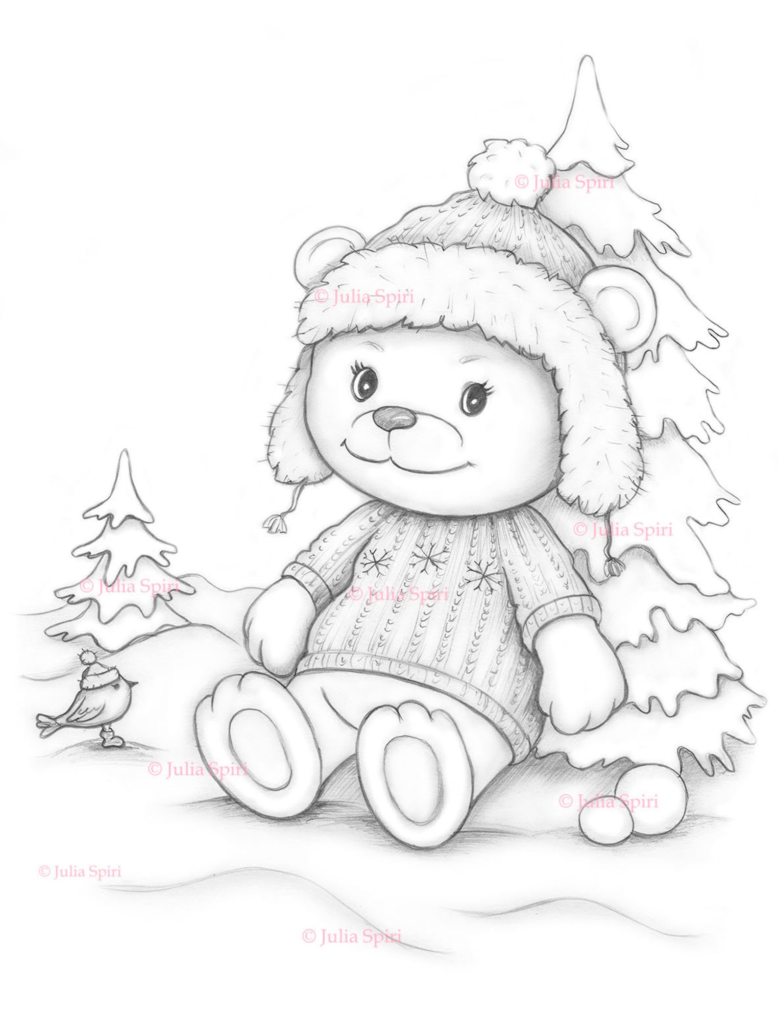 Coloring Page Digital Stamp Digi Cute Bear Winter Snow | Etsy