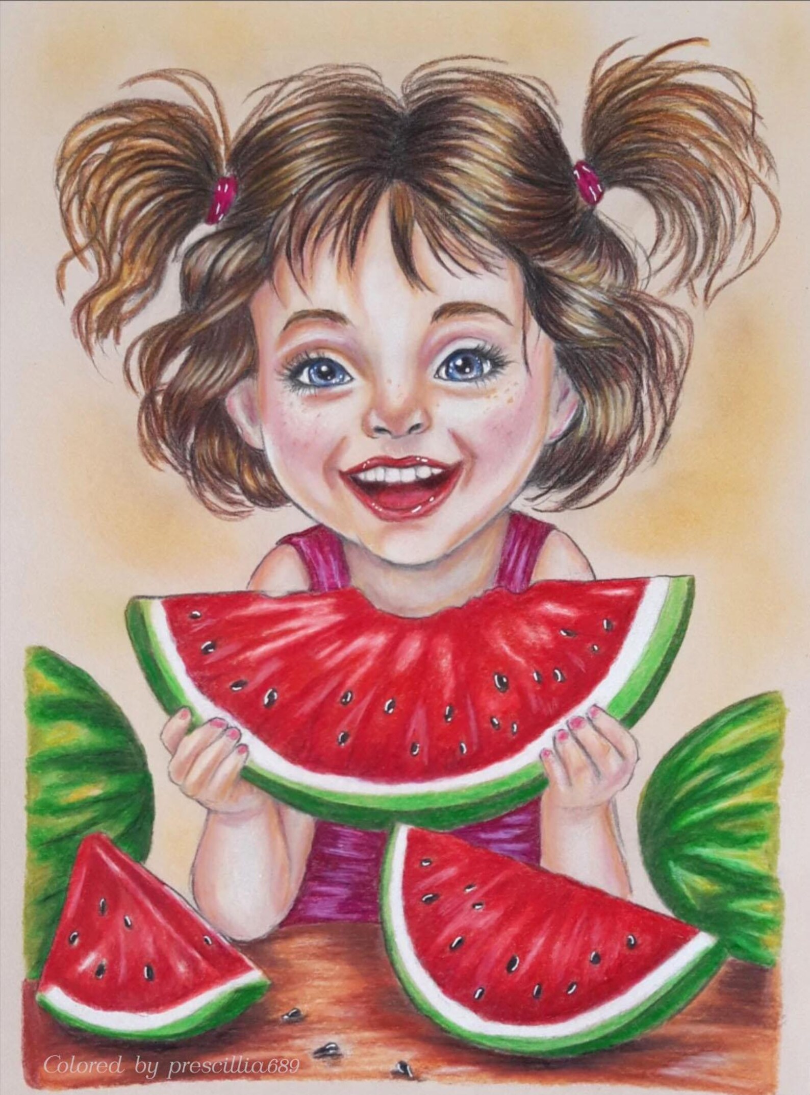 Grayscale Coloring Page, Smiling Girl With Watermelon. A Bite of Summer ...