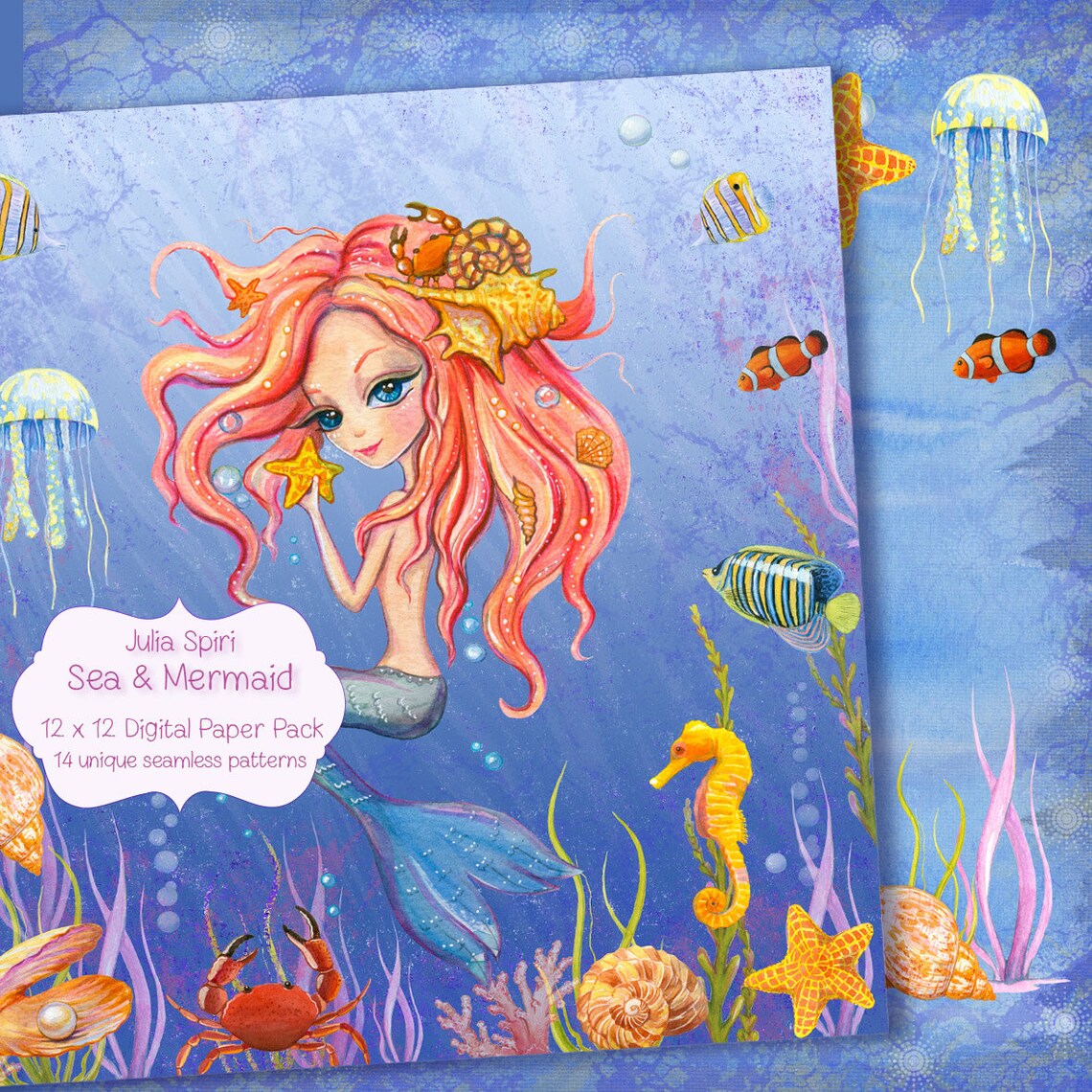 Sea & Mermaid Paper Pack, Watercolor Seamless Patterns, Siren, Seahorse ...