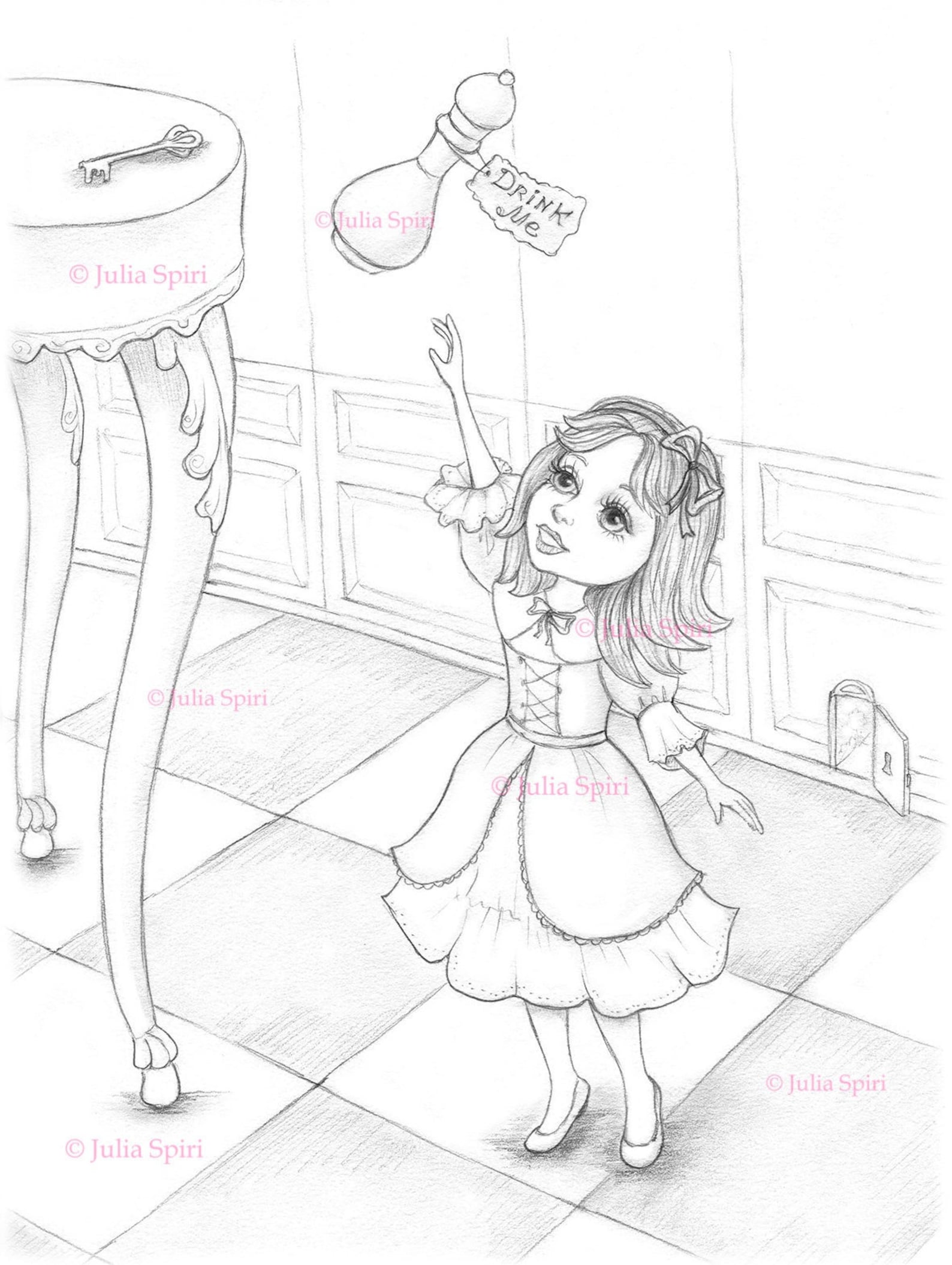 Coloring Page Digital Stamp Digi Alice in Wonderland Alice - Etsy