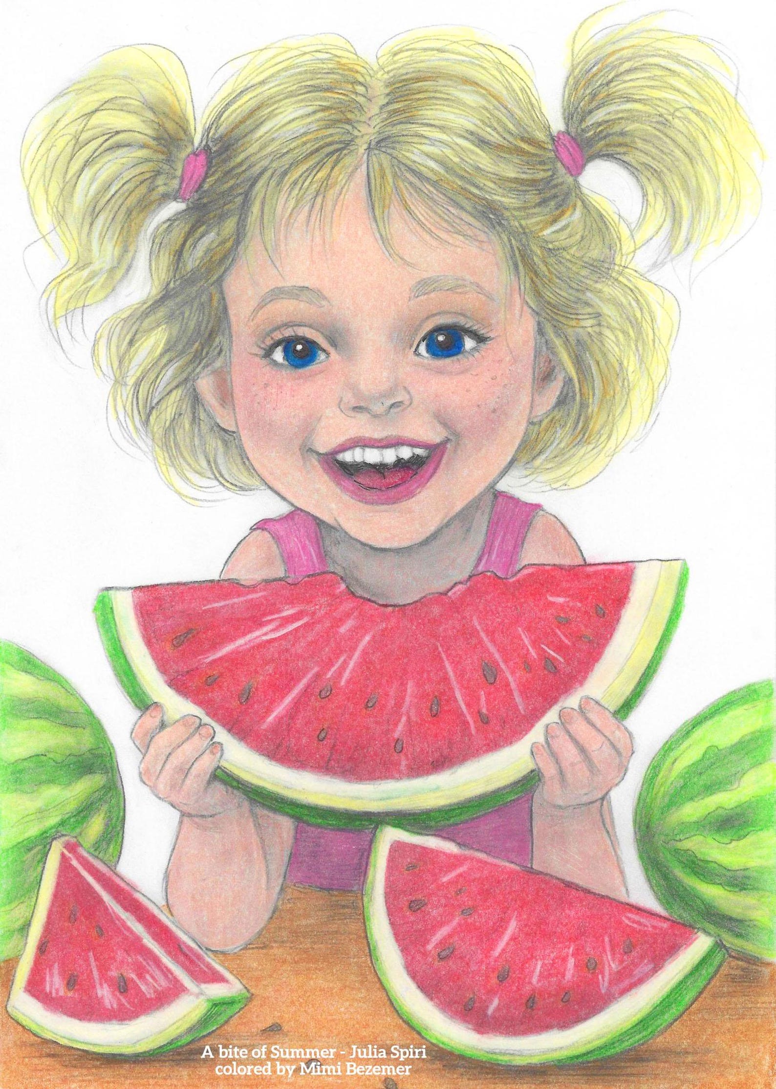 Grayscale Coloring Page, Smiling Girl With Watermelon. A Bite of Summer ...