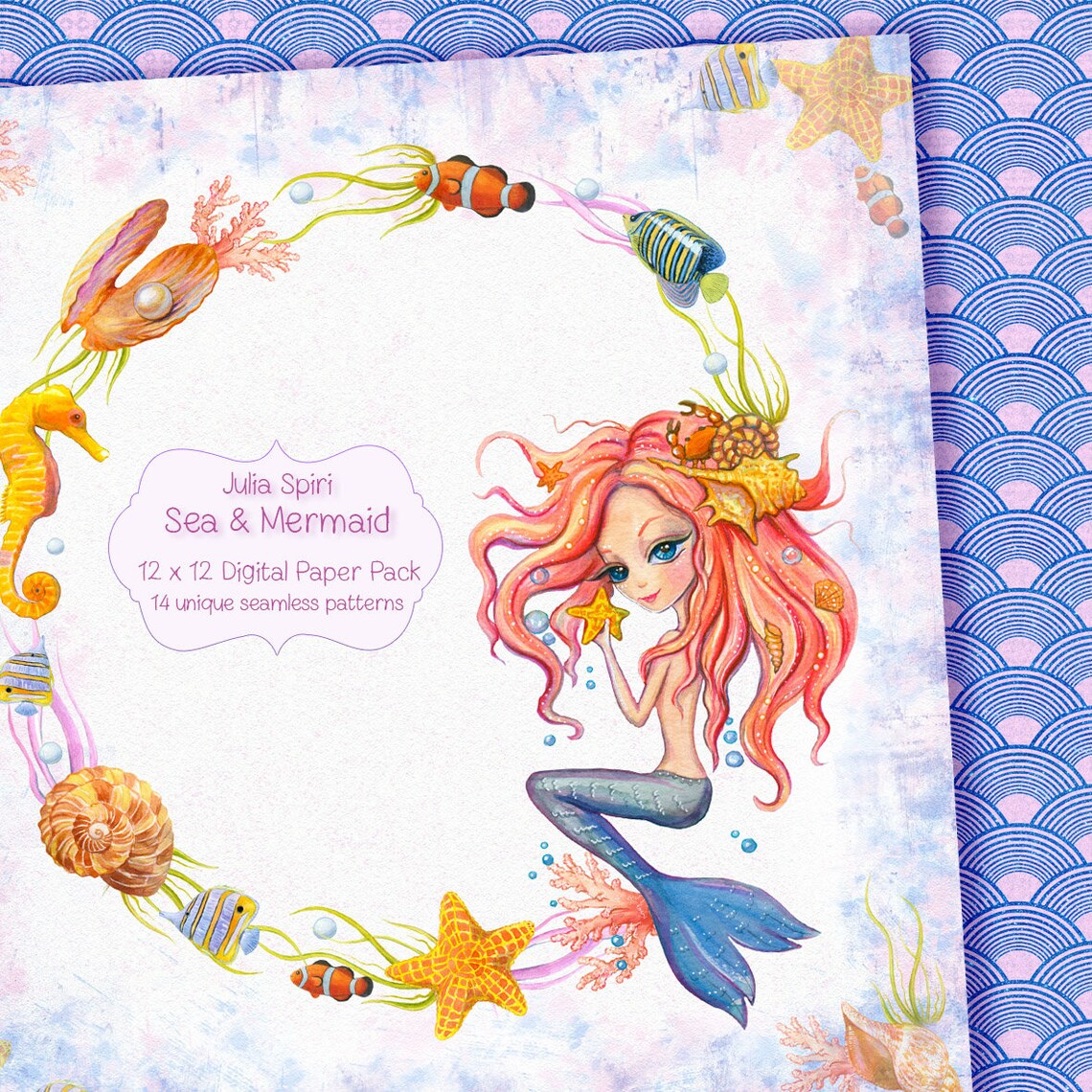Sea & Mermaid Paper Pack, Watercolor Seamless Patterns, Siren, Seahorse ...