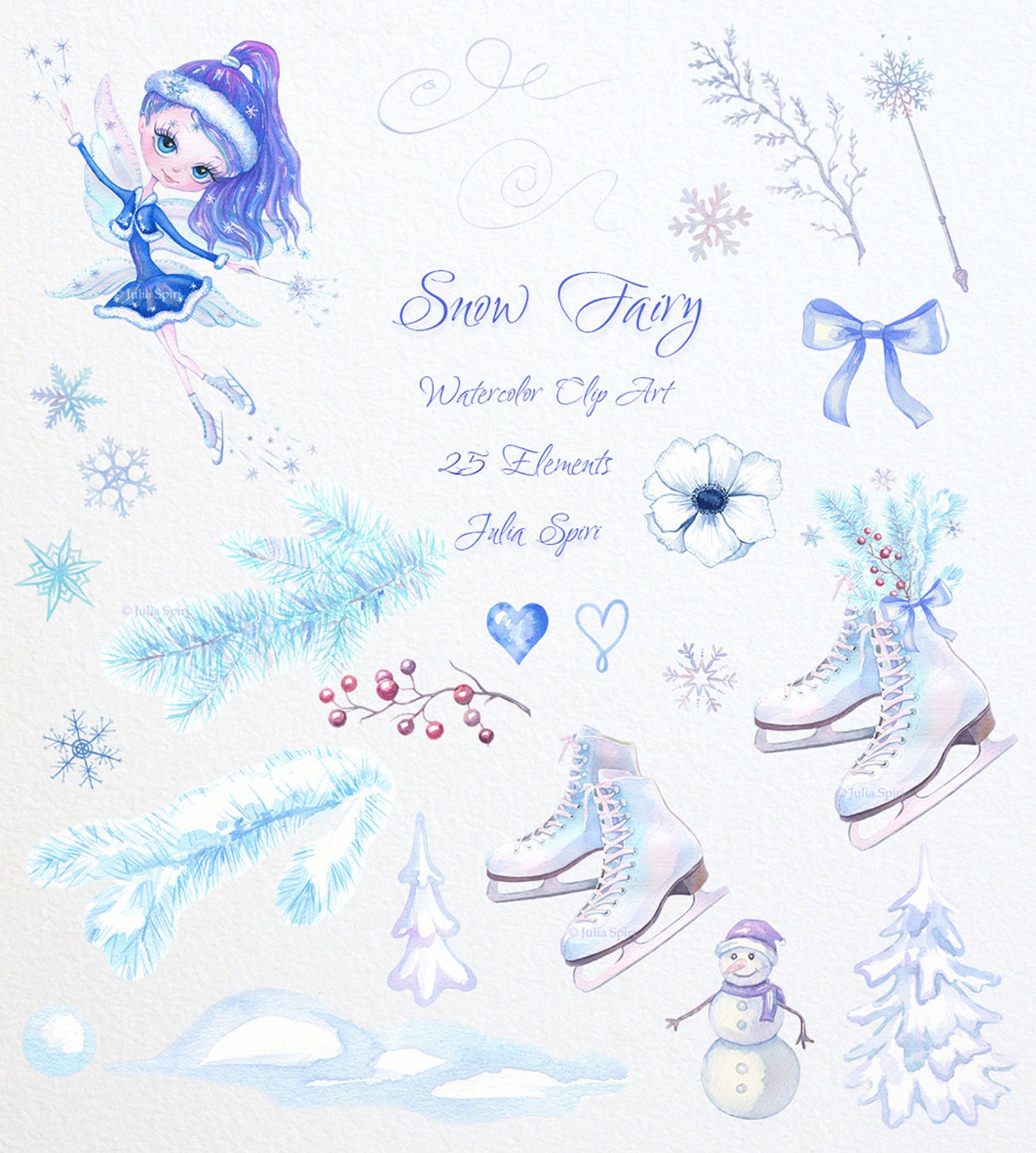 Winter Watercolor Clipart Ice Skates Snowflake Blue | Etsy