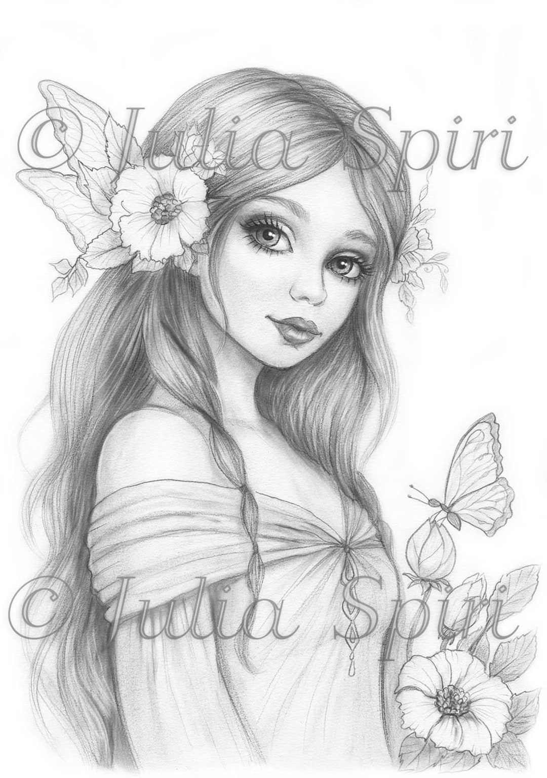 Grayscale Coloring Page, Fantasy Fairy Girl With Flowers. A Fairy's ...