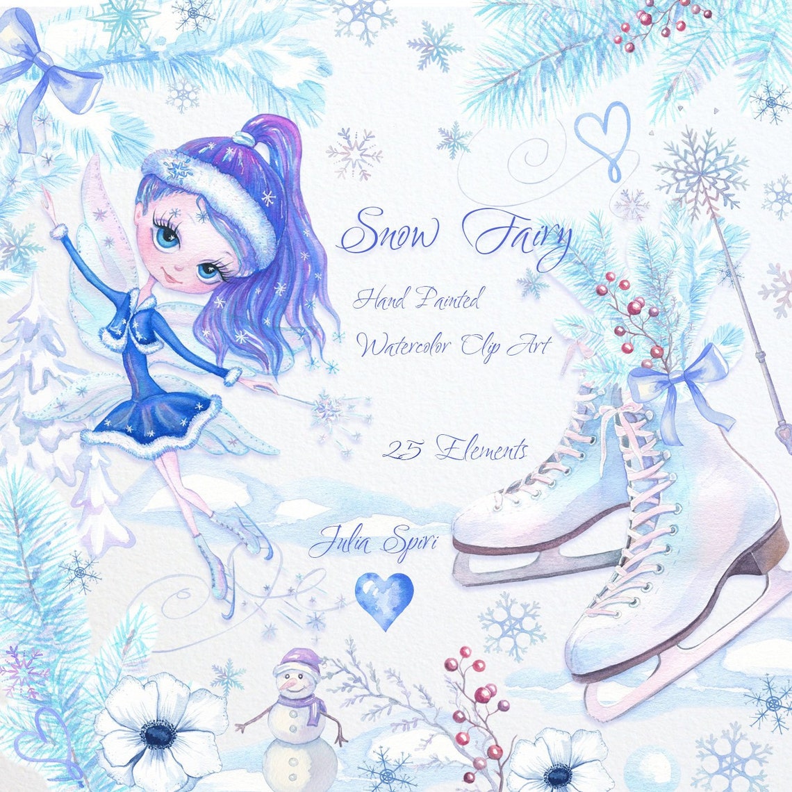 Winter Watercolor Clipart Ice Skates Snowflake Blue - Etsy