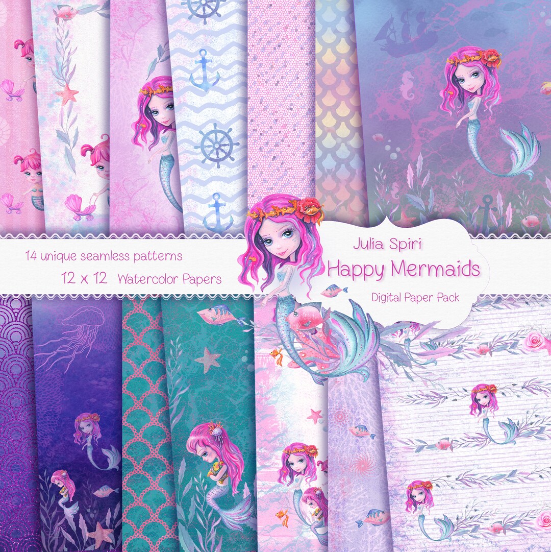 Mermaid Watercolor Digital Paper Pack, Siren, Seamless Patterns, Sea ...