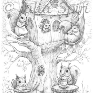 Grayscale Coloring Page, the Squirrel Family Lives in a Tree in the ...