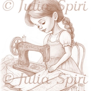 Grayscale Coloring Page, Little Girl Sews on Sewing Machine. Little ...