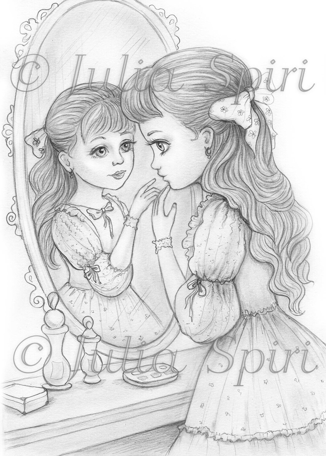 Grayscale Coloring Page, Cute Girl Looking in the Mirror. Reflection - Etsy