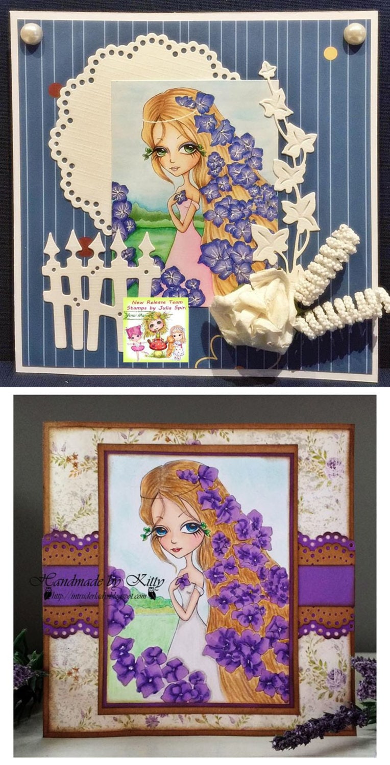 Digital stamps Digi Flowers Girl Big Eyes Hydrangeas | Etsy