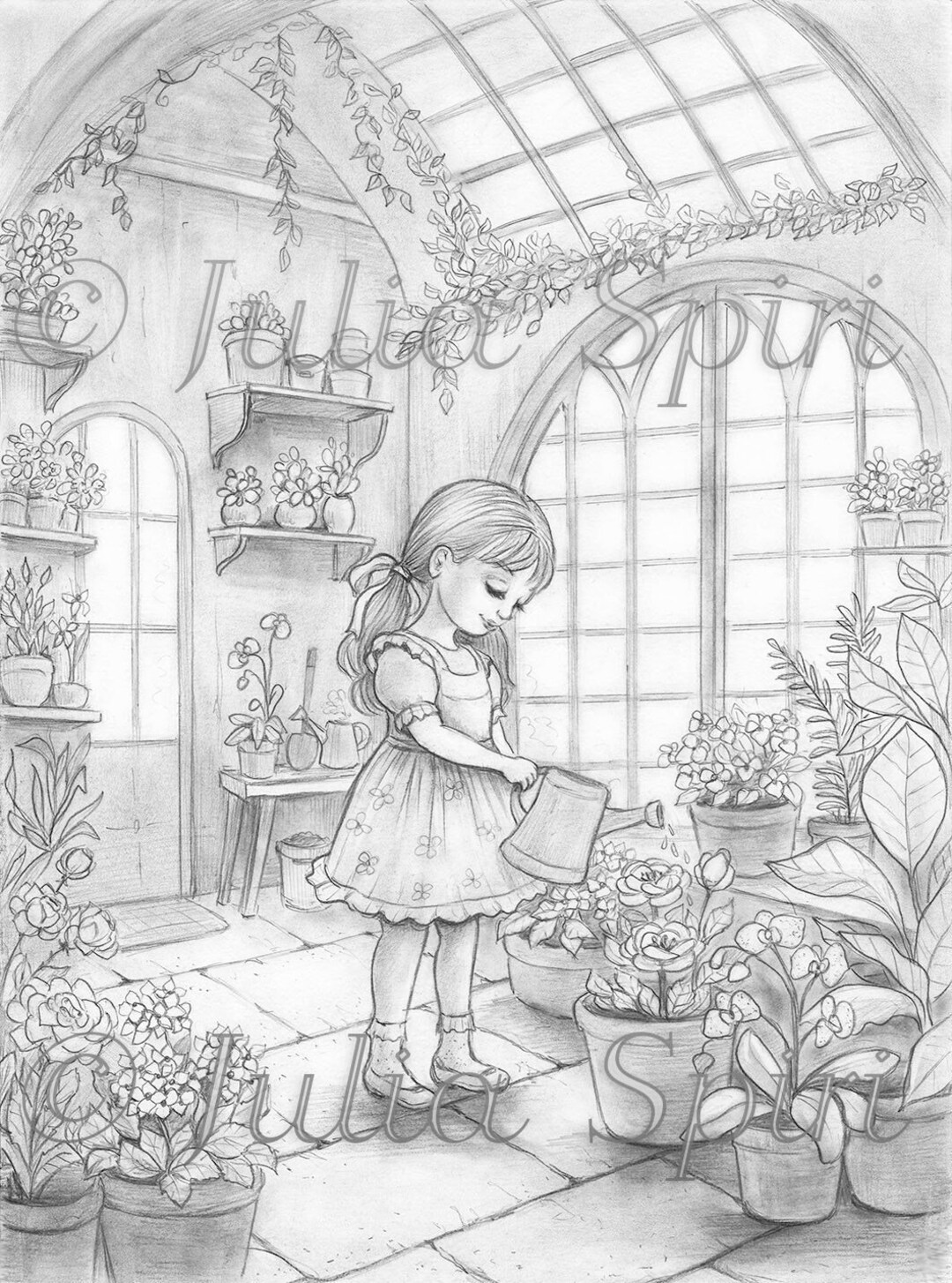 Grayscale Coloring Page, Whimsy Girl Watering Flowers. the Greenhouse ...