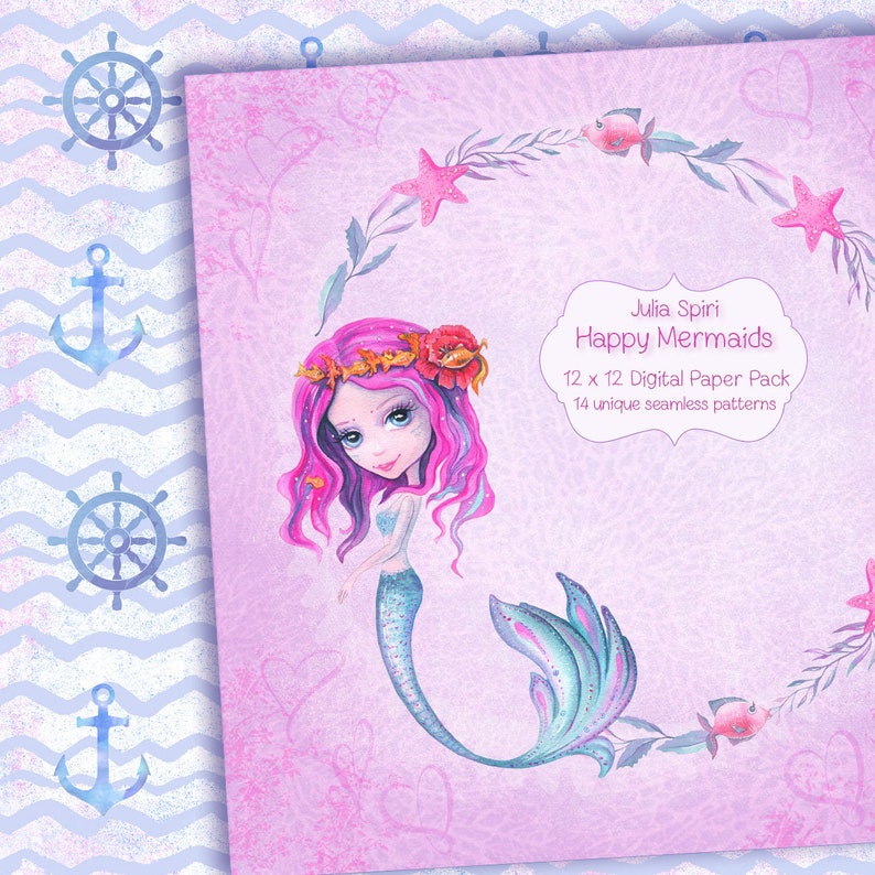Mermaid Watercolor Digital Paper Pack Siren Seamless | Etsy