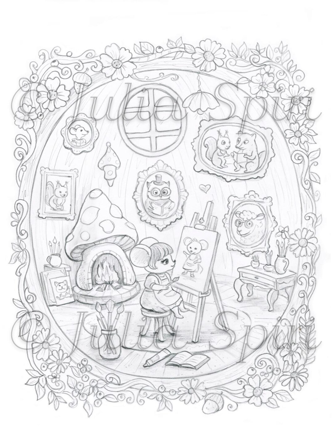 Grayscale Coloring Page. A Cute Mouse Paints Portraits in a Study. A ...