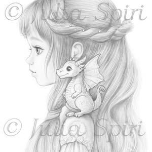 Grayscale Coloring Page, Cute Fantasy Girl and Dragon. A Petite ...