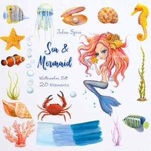 Sea & Mermaid Watercolor Clipart, Marine, Siren, Ocean, Nautical, Fish ...