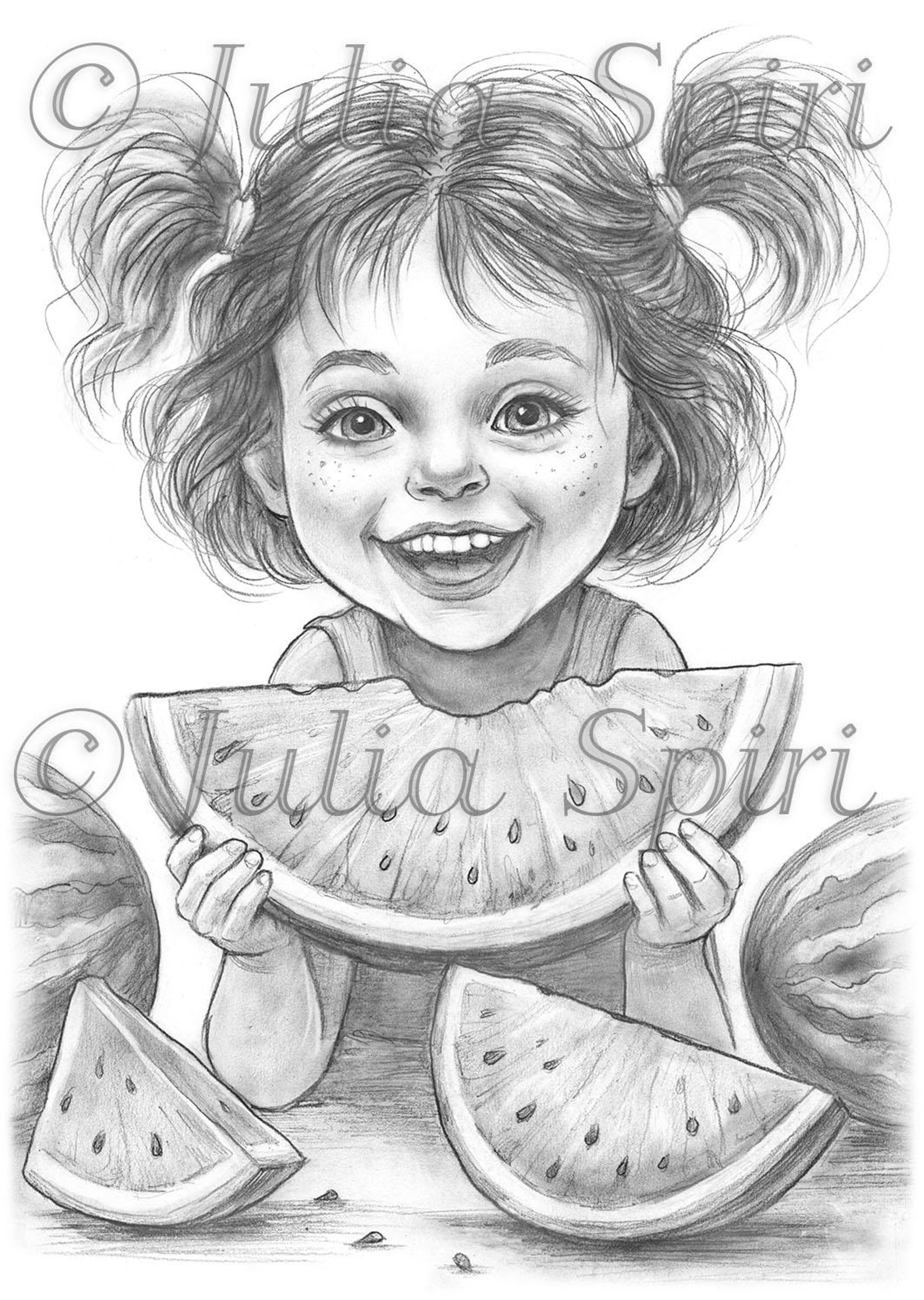 Grayscale Coloring Page, Smiling Girl With Watermelon. A Bite of Summer ...