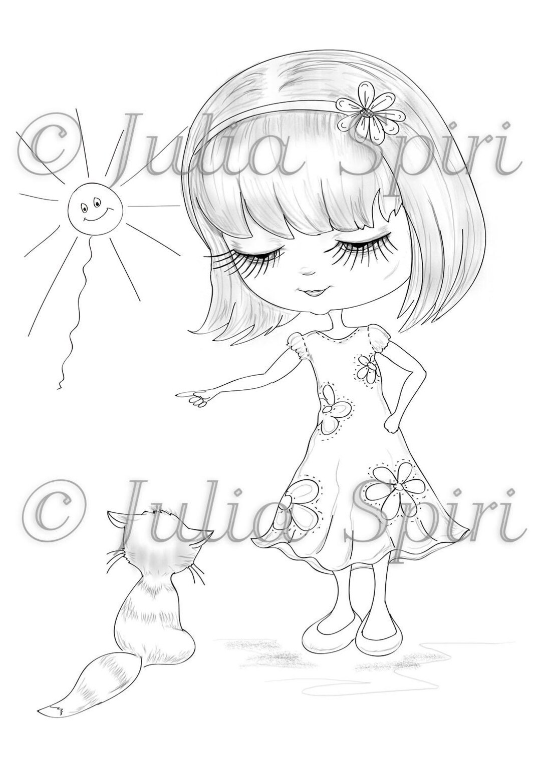 Coloring Pages, Little Whimsy Girl and Cat. Girl & Guilty Kitten. - Etsy UK