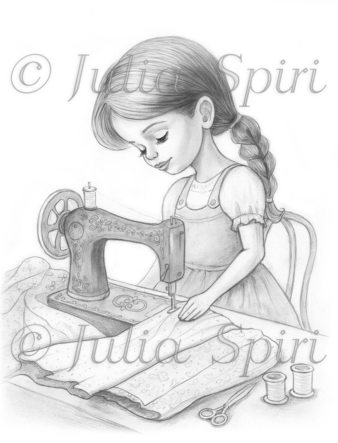 Grayscale Coloring Page, Little Girl Sews on Sewing Machine. Little ...