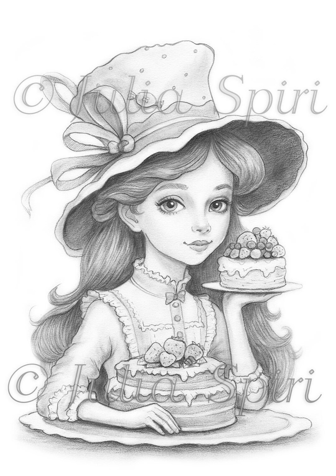 Grayscale Coloring Page, Whimsy Girl With Cakes. Sweet Temptation - Etsy