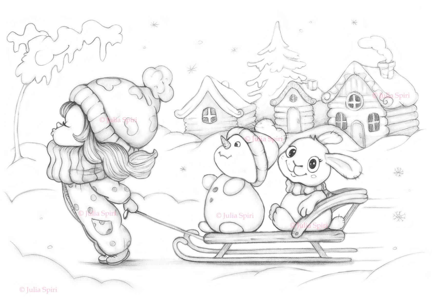 Coloring Page Digital Stamp Digi Cute Girl Sled Snowman - Etsy UK