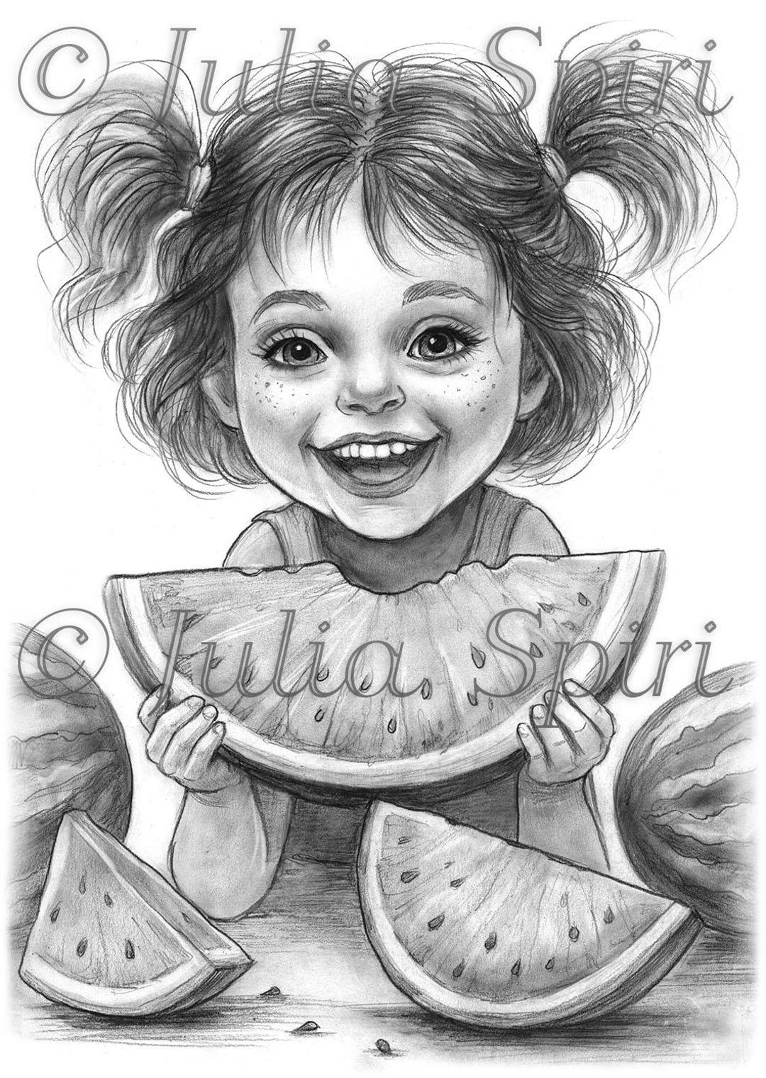 Grayscale Coloring Page, Smiling Girl With Watermelon. A Bite of Summer ...